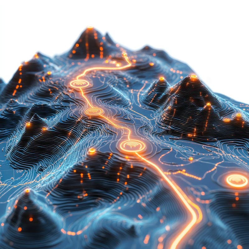 Futuristic Terrain Map with Glowing Network Paths Stock Illustration ...