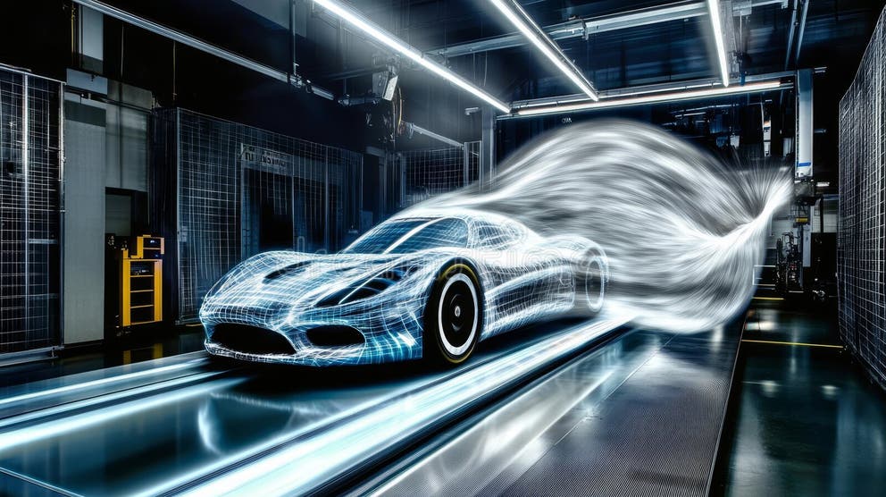 Futuristic Test Car in High-Tech Wind Tunnel Analyzing Aerodynamic Flow ...