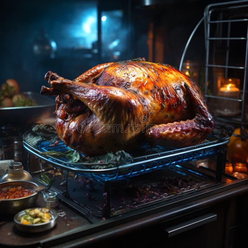 Thanksgiven Dinner Table with Roasted Turkey and Vegetables, Side View ...