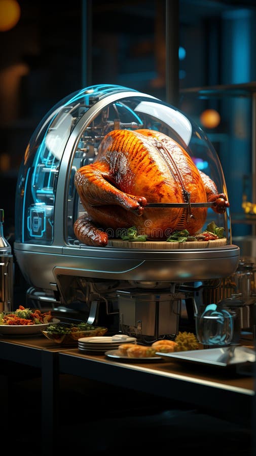 Futuristic Thanksgiven Dinner Table with Roasted Turkey and Vegetables ...