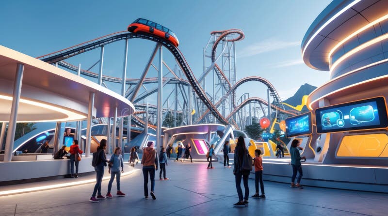Futuristic Theme Park Rollercoaster Ride with Interactive Displays ...