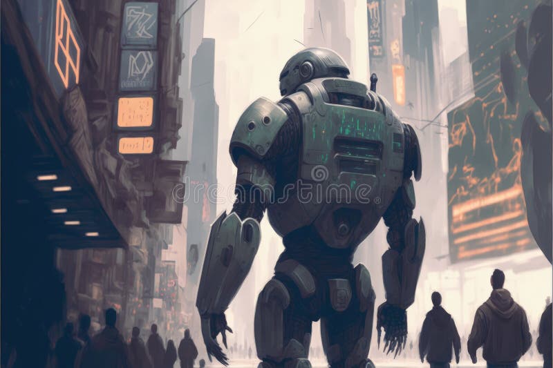 Futuristic-themed Illustration Featuring Robot Carrying Pole Strolling ...