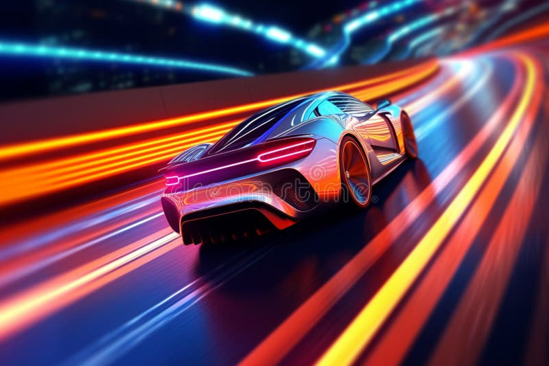 Futuristic Thrill Ride, Supercar Blazes on Neon Highway with Captivating Trails Stock ...