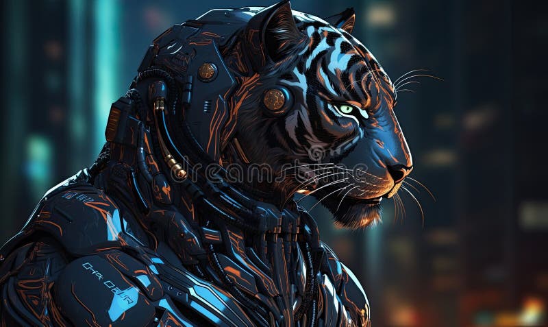 Photo of a Futuristic Tiger Standing in a City at Night Stock ...