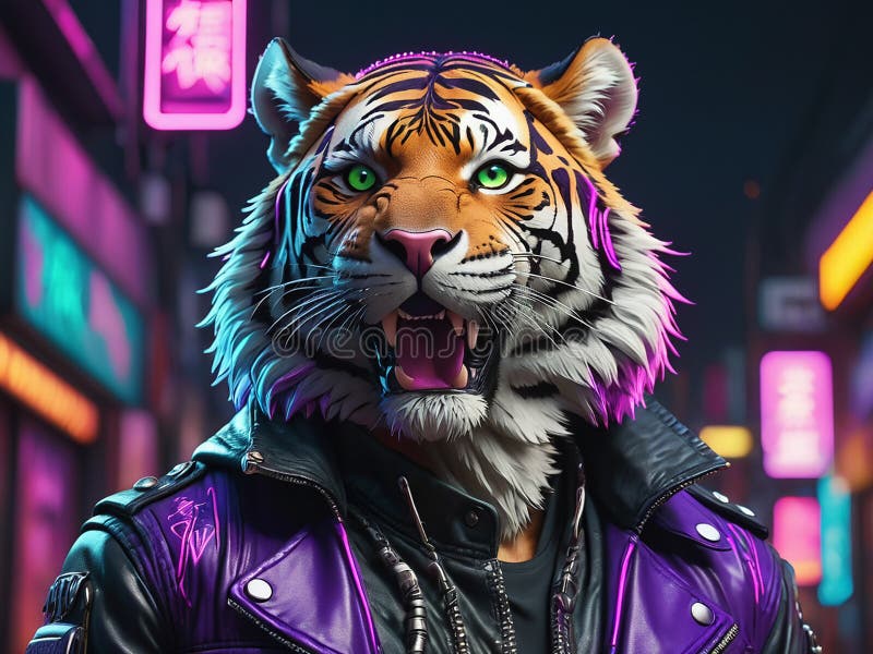 Futuristic Tiger Wearing a Punk Jacket, Coloful Neon Background Lights ...
