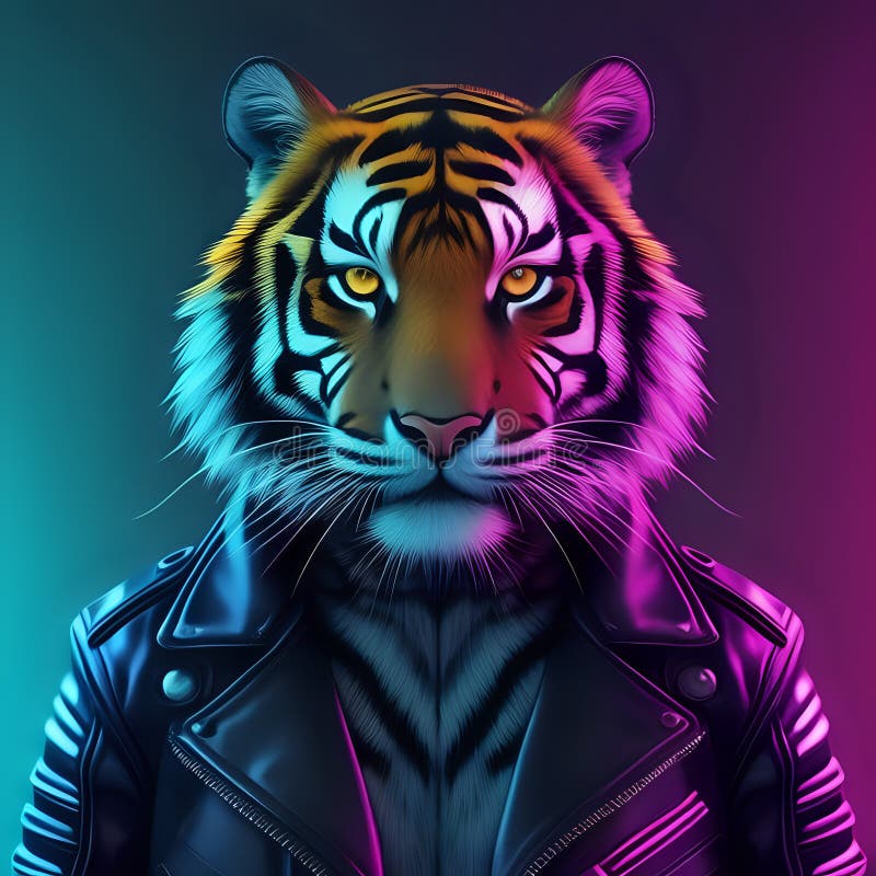Futuristic Tiger Wearing a Punk Jacket, Coloful Neon Background Lights ...