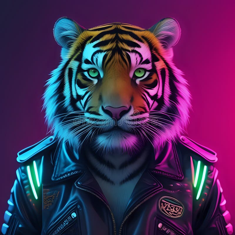 Futuristic Tiger Wearing a Punk Jacket, Coloful Neon Background Lights ...