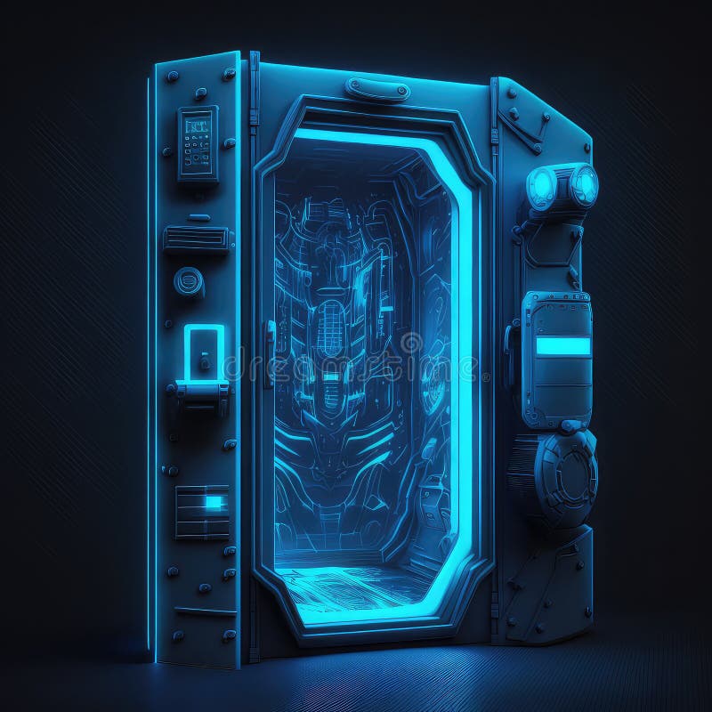 Blue Neon Gateway in Future Spaceship. Futuristic Metal Secret Door ...