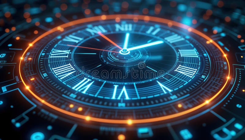 Futuristic Time Clock Shows Time Digitally. Modern Tech Interface ...