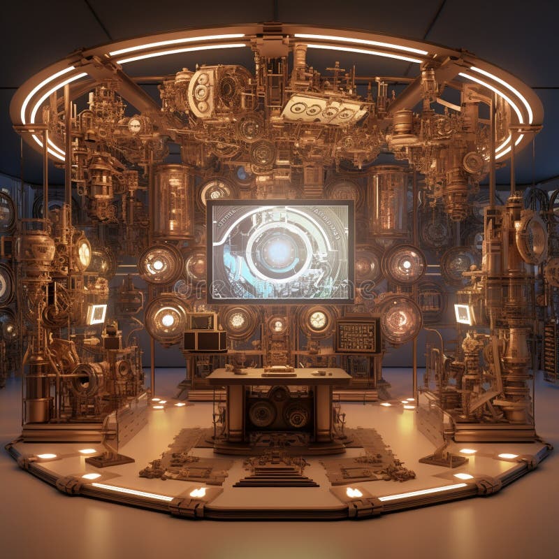 Futuristic Time Machine Surrounded by a Gallery of Vintage Tech and ...