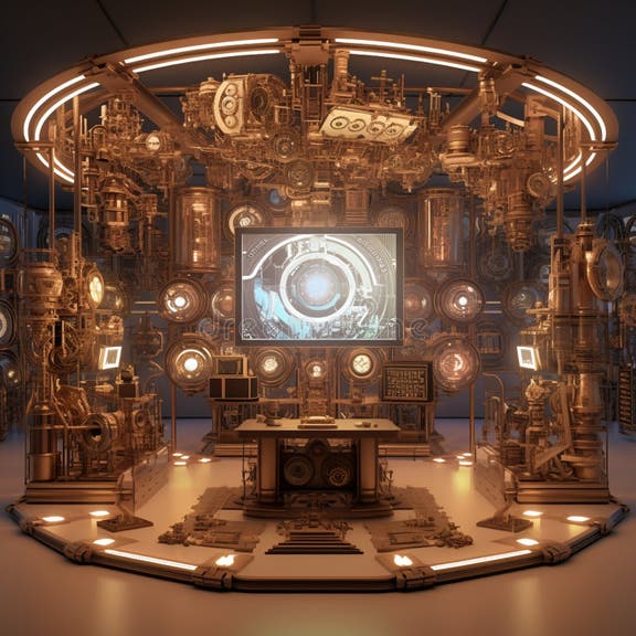 Futuristic Time Machine Surrounded by a Gallery of Vintage Tech and ...