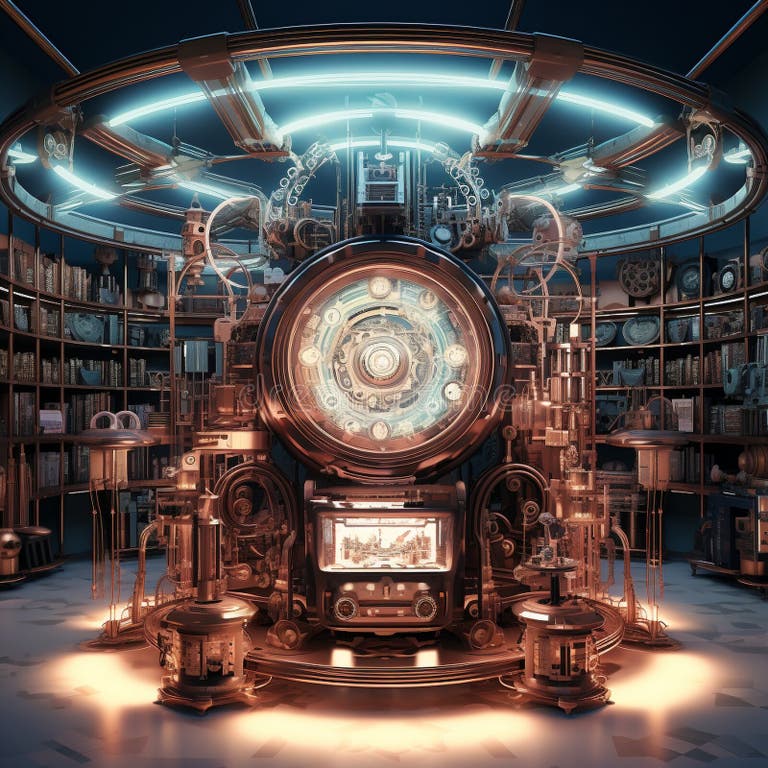 Futuristic Time Machine Surrounded by a Gallery of Vintage Tech and ...