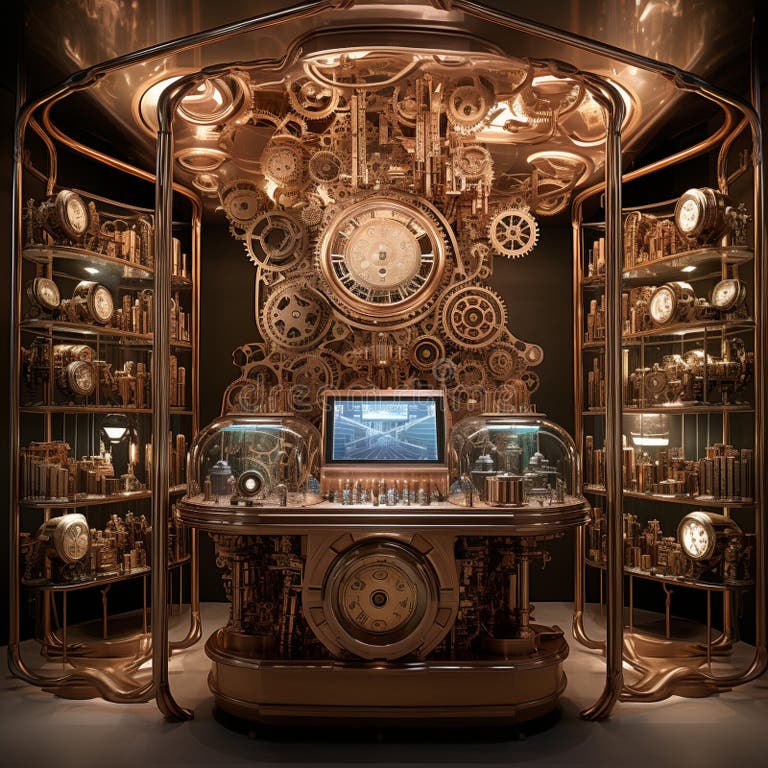 Futuristic Time Machine Surrounded by a Gallery of Vintage Tech and ...