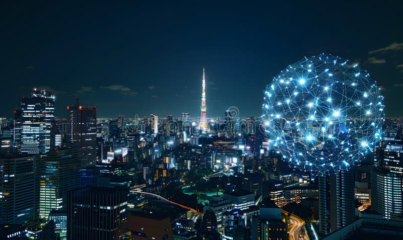 Futuristic Tokyo Cityscape with Holographic Network Sphere - AI ...