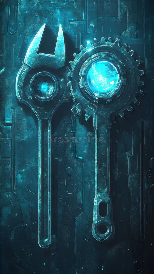 Futuristic Tools with Glowing Elements on a Metallic Background Stock ...