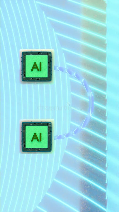 Futuristic Top View of Two AI Processors Connected by a Curved Glowing ...
