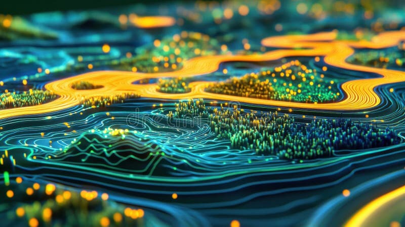 Futuristic Topographic Data Visualization Showing Glowing Lines and ...