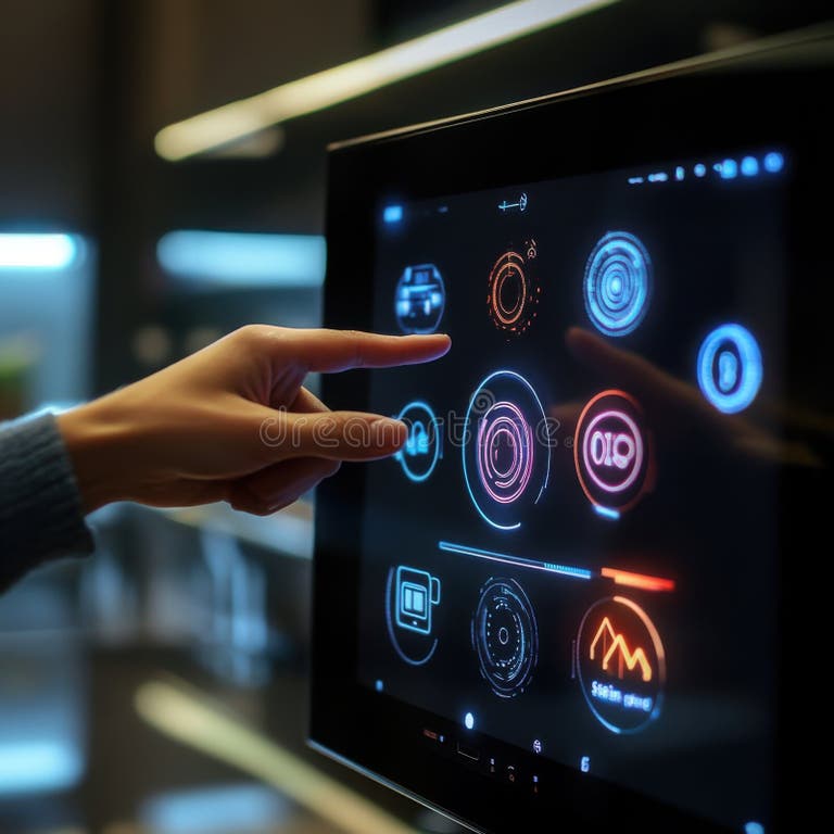 Futuristic Touch Screen Display with Interactive User Interface Icons ...
