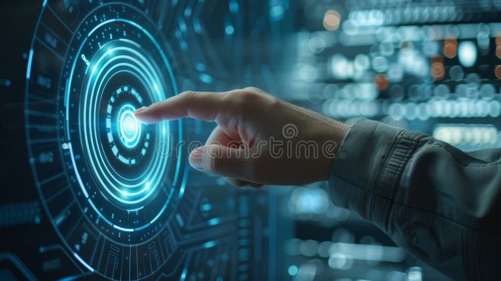 Futuristic Touch Screen Interface Being Used by a Hand, Displaying ...