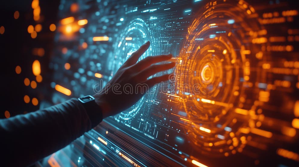 Futuristic Touchscreen Interface with Blue and Orange Lighting Stock ...