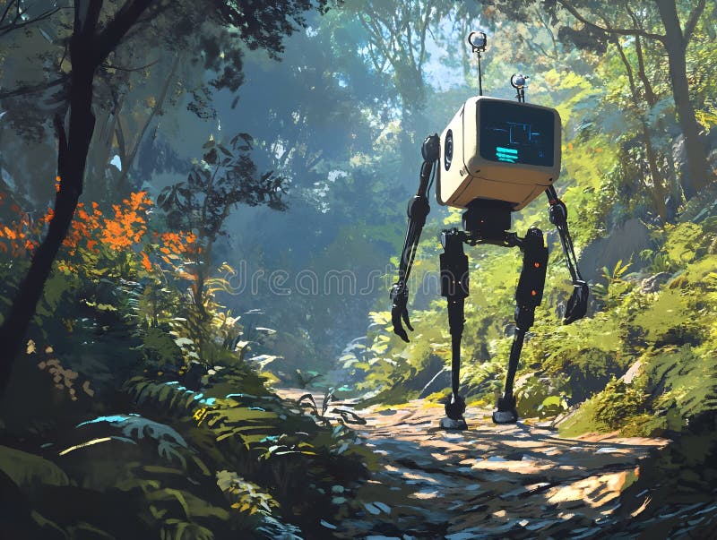Futuristic Tour Guide Robot Navigating Lush Forest Trail with Advanced ...
