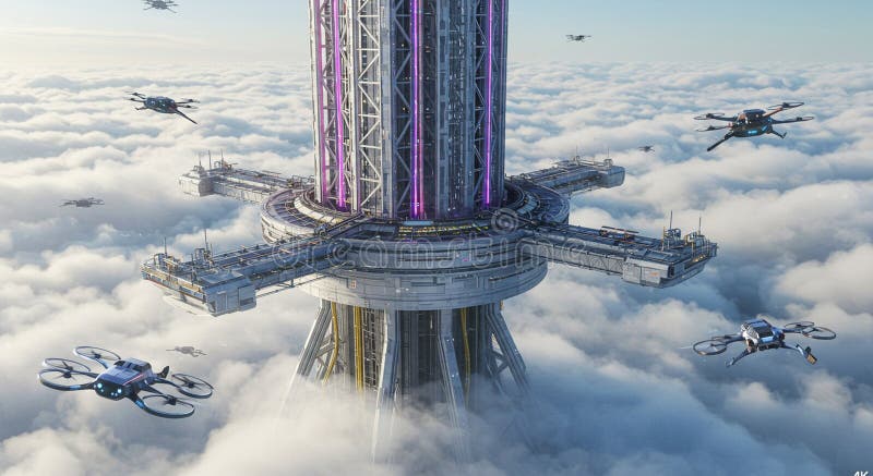 Futuristic Tower Above Clouds with Drones Flying Around Stock ...