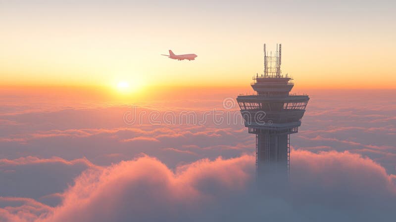Futuristic Tower Above Clouds at Sunset Stock Illustration ...