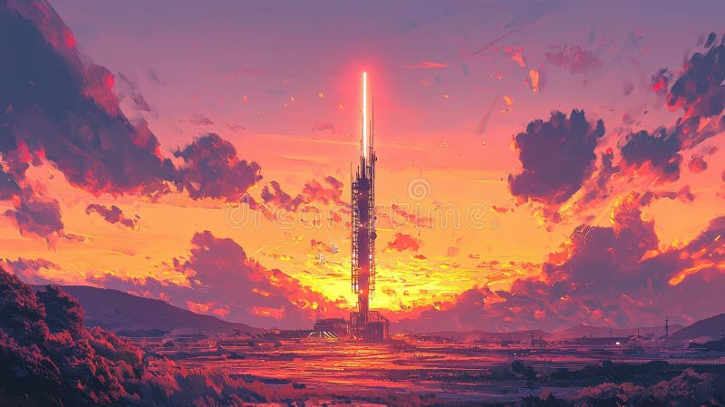 Futuristic Tower in a Colorful Sunset Sky with Dramatic Clouds and ...