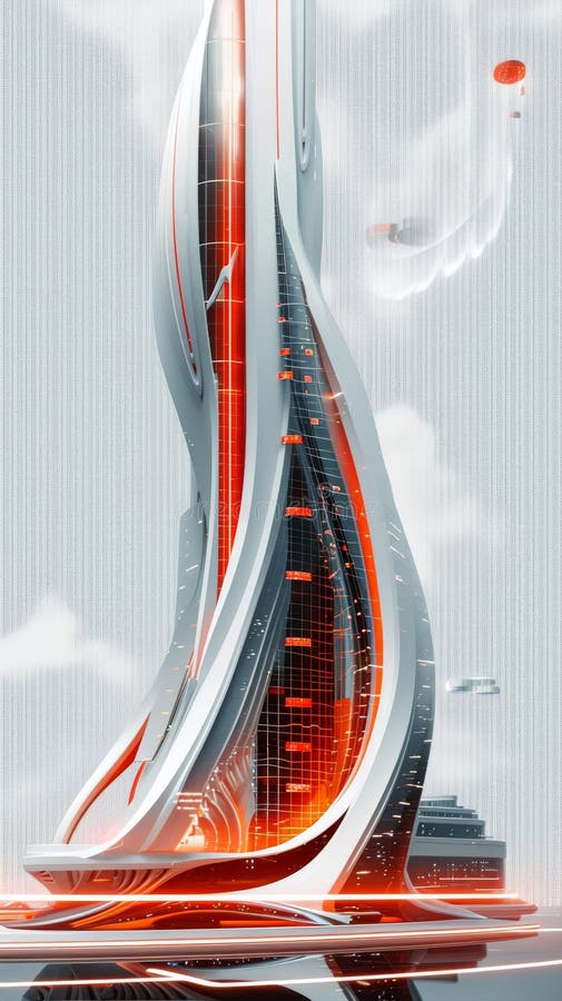 Futuristic Tower with Dynamic Curves and Glowing Red Lights Stock Photo ...