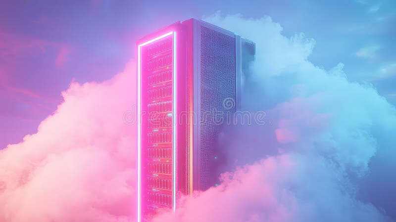 A Futuristic Tower Emerges from Colorful Clouds, Illuminated Stock ...