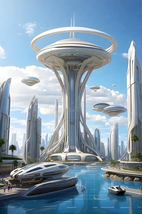 Futuristic Tower Skyscrapers with Skycrafts Stock Image - Image of sleek, coexist: 300856629