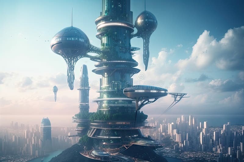 Futuristic Tower, Surrounded by Futuristic Cityscape and Flying ...