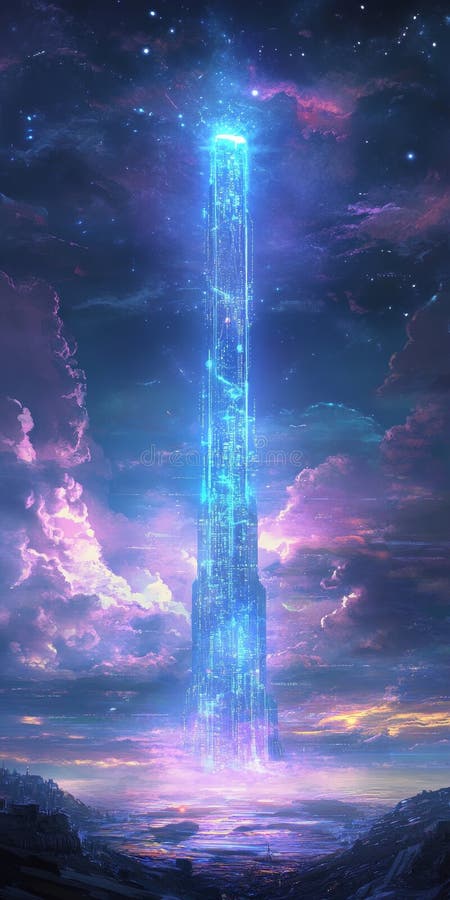 Futuristic Tower Surrounded by Cosmic Clouds and Ethereal Light Stock ...