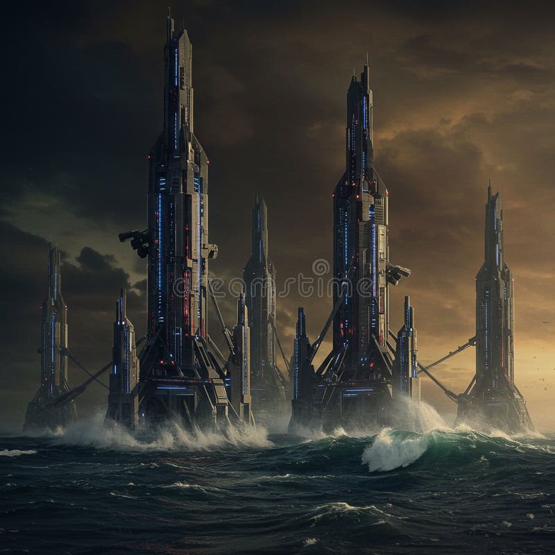 Futuristic Towers Rise from the Ocean, Resembling Advanced, Metallic ...