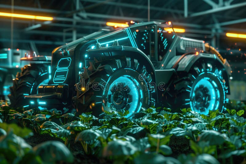 Futuristic Tractor with Neon Lights Operating in a Technologically ...