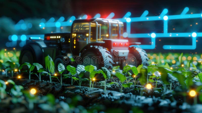 Futuristic Tractor Working in a High-tech Field with Glowing Data ...
