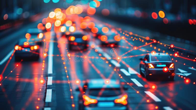 Futuristic Traffic with Smart Cars on Highway at Night Stock Image ...