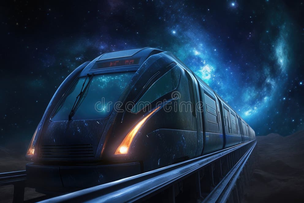 Futuristic Train, with Alien Passengers Speeding through the Starry ...