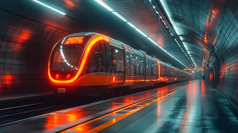 Futuristic Train Arriving in a Modern Subway Tunnel Illustration Stock ...