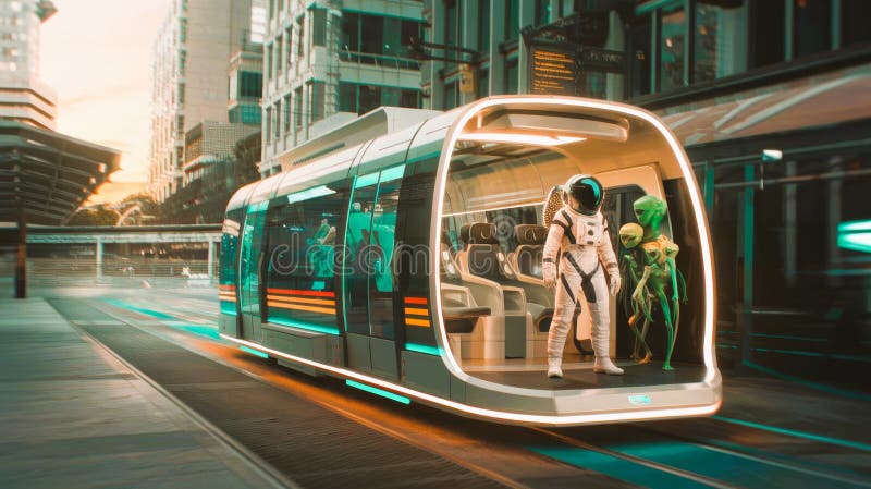 Futuristic Train with Astronaut and Aliens in City Setting - AI ...