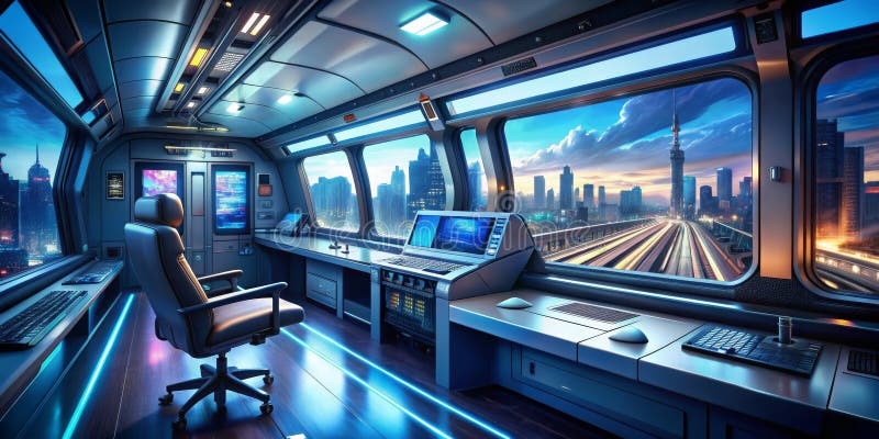 Futuristic Train Cab Interior with Cityscape View - the Driver S ...