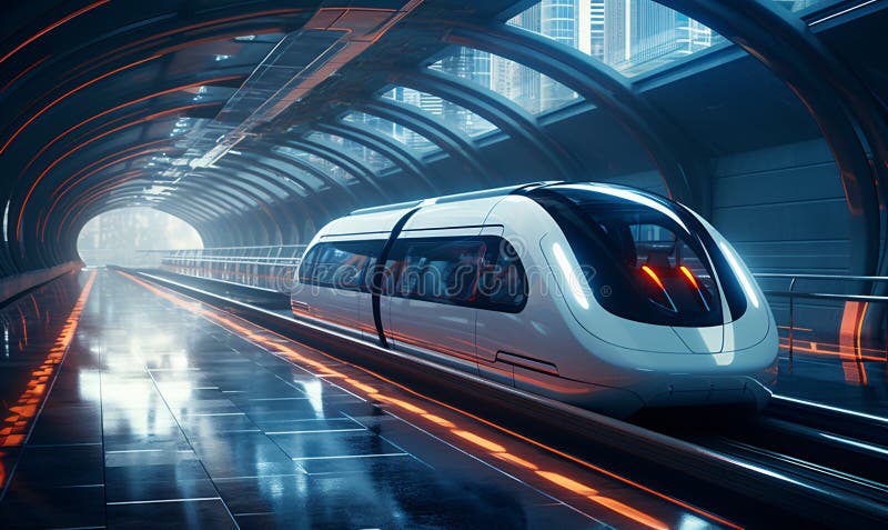 A Futuristic Train Cabin Levitates through a Tunnel. Stock Illustration ...
