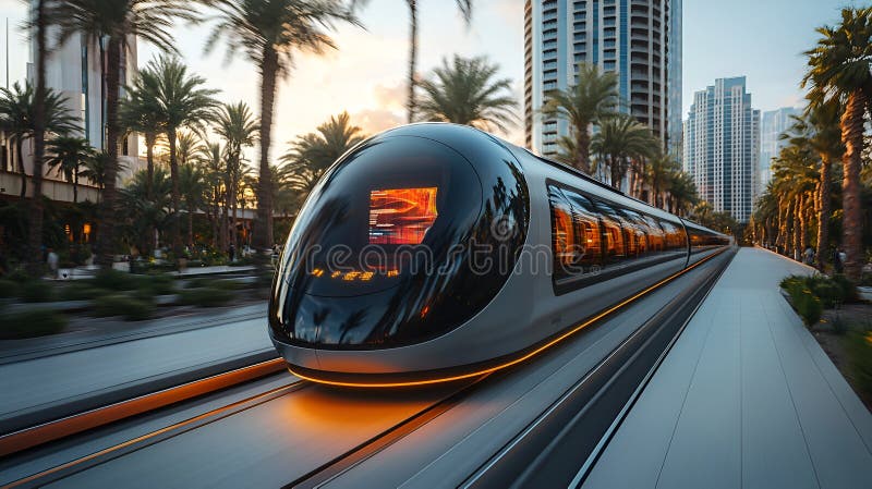 Futuristic Train City Transport Palm Trees Sunset Stock Photos - Free ...