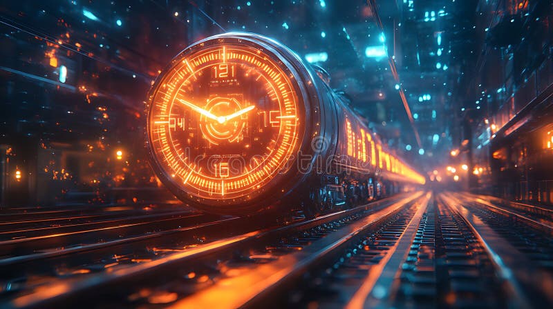 A Futuristic Train with a Clock Face on the Front, Speeding through a ...