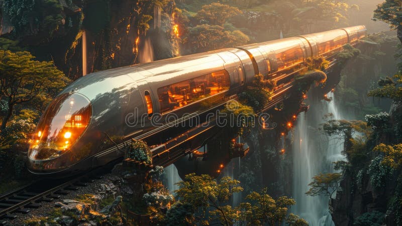 Futuristic Train on Elevated Track through Jungle - Generative Ai Stock ...