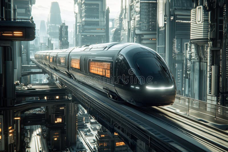 Futuristic Train Glides through a High-tech Cityscape in Broad Daylight ...