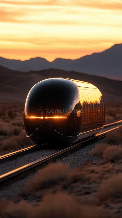 Futuristic Train Gliding through Desert at Sunset, Sleek and Innovative ...