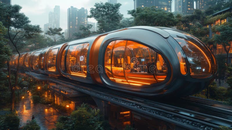 Futuristic Train Gliding through a Lush Urban Environment at Dusk ...