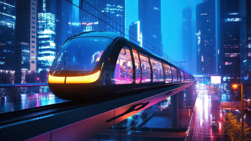 Futuristic Train Gliding through a Neon-lit Urban Landscape at Night ...