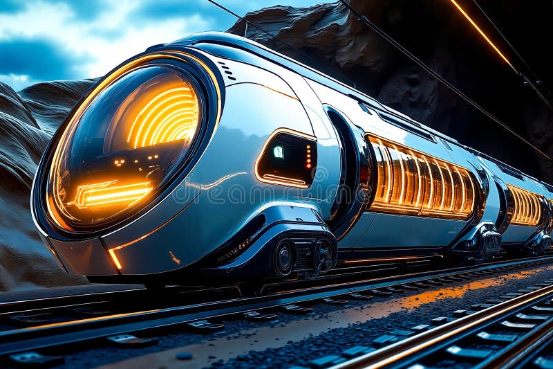 A Futuristic Train Traveling through a Tunnel at Night Stock Photo ...